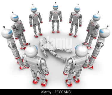 Defective cyborg. Humanoid robots standing in a row on a white surface ...