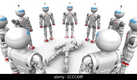 Defective cyborg. Humanoid robots standing in a row on a white surface ...