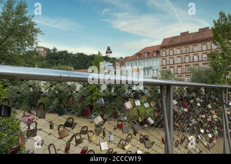 Graz, Austria. August 2020. the locks left by lovers on the Erzherzog ...