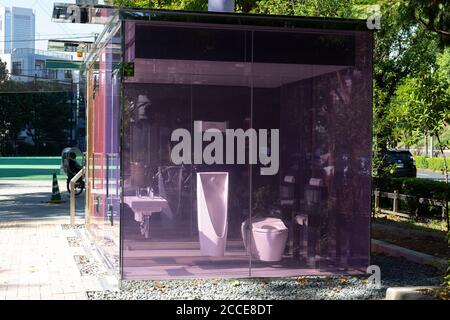 A general view of a transparent public toilet designed by Shigeru Ban ...