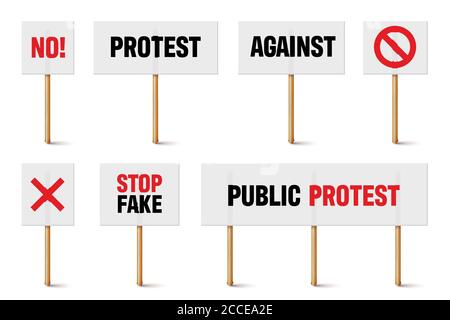 Protest signs with slogan on wooden holder. Realistic vector ...