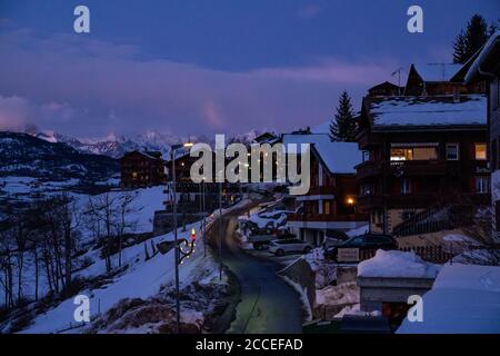 View of the village of Grachen (Valais, Switzerland) on a sunny and ...