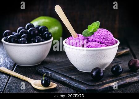 exotic jabuticaba ice cream, purple color. Dessert served in ...