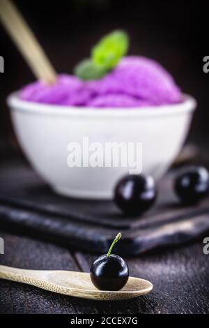 exotic jabuticaba ice cream, purple color. Dessert served in ...