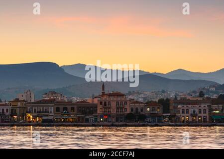 Chios town and its seafront as seen from the pier of the harbour Stock ...