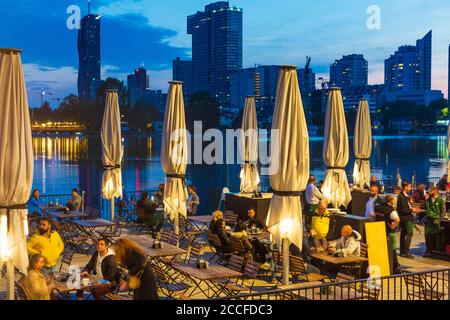 restaurant Strandcafe, river Alte Donau (Old Danube), skyline of ...