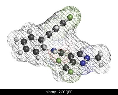 Fluxapyroxad fungicide molecule. 3D rendering. Atoms are represented as ...