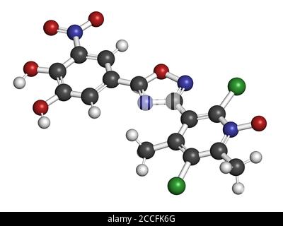 Opicapone Parkinson's disease drug molecule. 3D rendering. Atoms are ...