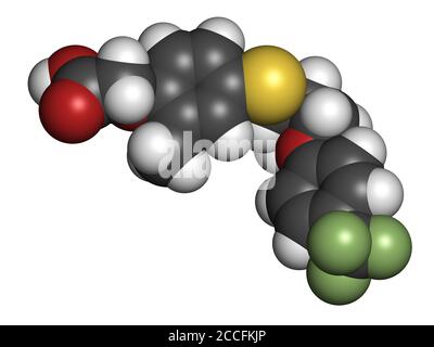Seladelpar drug molecule. 3D rendering. Atoms are represented as ...