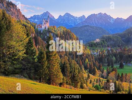 Spring landscape with Neuschwanstein Castle against Tannheim Mountains ...