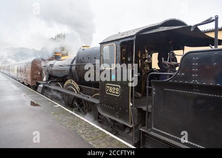 Ex-GWR steam loco 7822 'Foxcote Manor' and ex-Somerset & Dorset Railway loco 53808 at Minehead ...