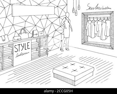 Lamp store shop graphic black white interior sketch illustration vector ...