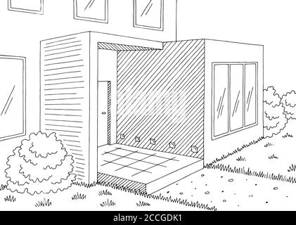 Modern house building sketch. Front view. Architectural plan of a ...