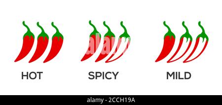 Spicy chili pepper level labels. Vector spicy food mild and extra hot ...