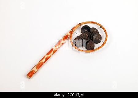 African Sistrum made from wood structure with metal jingles that are ...
