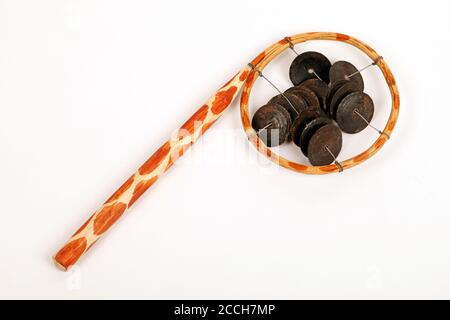 African Sistrum made from wood structure with metal jingles that are ...