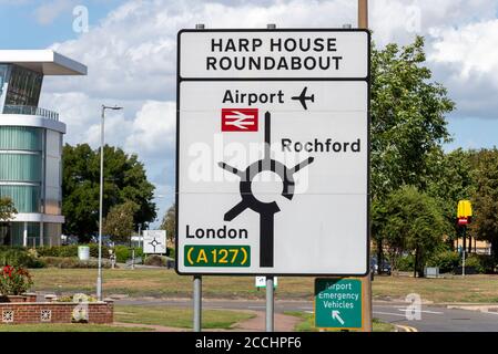 Harp House Roundabout traffic road sign. London Southend Airport ...