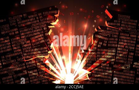 Abstract futuristic cyberspace with a hacked array of binary data, broken falling binary code ...