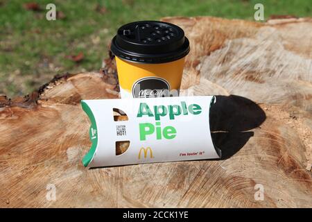 McDonald's Apple Pie and McCafe coffee cup outside, sunny day, 2020 ...