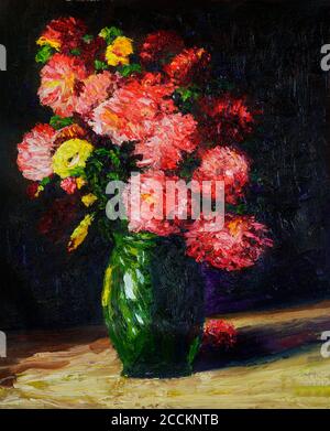 Abstract oil painting style pink roses in garden with blue grey canvas ...