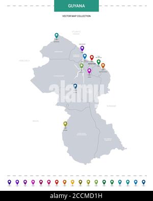 Location of Guyana on the world map, marked with Guyana flag pin. Cartographic vector ...