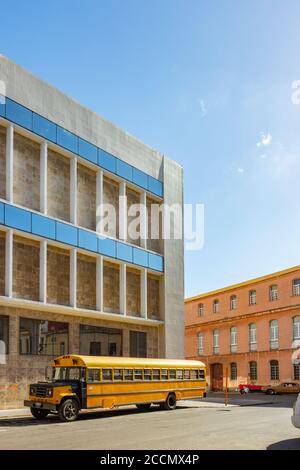 long wheelbase yellow school bus in Havana street cuba Stock Photo - Alamy