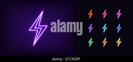 Neon lightning flash icon. Glowing neon thunder bolt sign, electrical ...