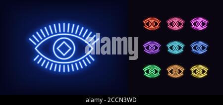 Neon magic eye icon. Glowing neon eye sign with triangular iris ...