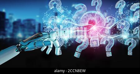 Cyborg on blurred background solving problem with digital question marks 3D rendering Stock ...