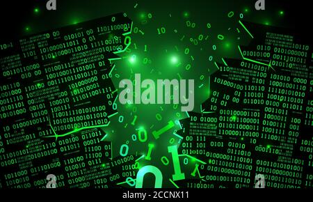 Abstract futuristic cyberspace with a hacked array of binary data, broken falling binary code ...