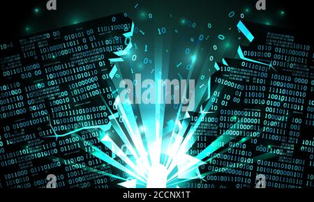 Abstract futuristic cyberspace with a hacked array of binary data, broken falling binary code ...