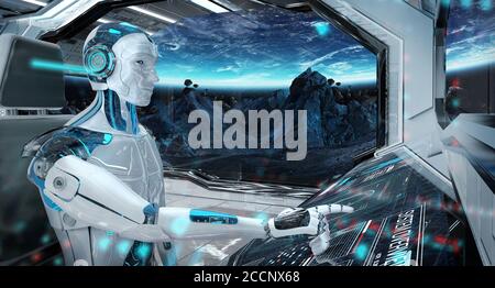 Spaceship interior with view on space and planet Earth 3D rendering ...