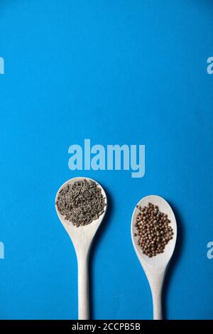 Two wooden spoons with cumin on the table, close-up Stock Photo - Alamy