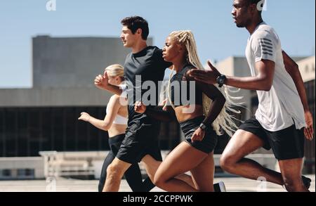 group of healthy people jogging in city park, runners team on morning ...