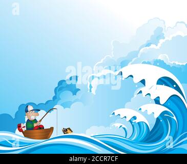 Fisherman at sea in his boat about to be swamped by a large wave set ...