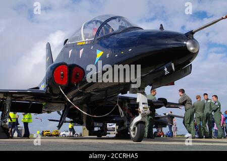 RAF Hawk T1 jet training aircraft on a low level flying exercise in the ...