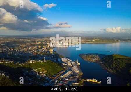 An aerial skyline view of Puerto Montt, Chile from and elevated ...