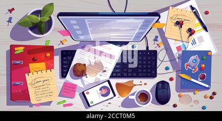 Messy workplace top view. Vector cartoon illustration of untidy work ...