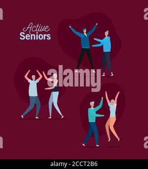 Set of active seniors woman and man cartoons on purple background ...