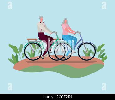 Senior man and woman riding bikes in city park. Happy cartoon old ...