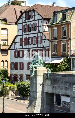 The Helvetia statue on the River Rhine, Basel, Switzerland Stock Photo ...