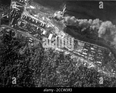 Japanese seaplane base on Truk under attack in February 1944 Stock ...