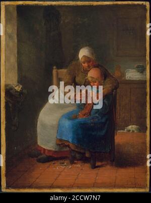 Millet Jean-François - Knitting Lesson 3 - French School - 19th and ...