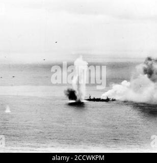 Japanese light cruiser Yahagi under attack by U.S. planes on 7 April ...