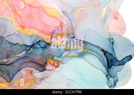 Alcohol ink pink, red and gold abstract stains background. Drops ...
