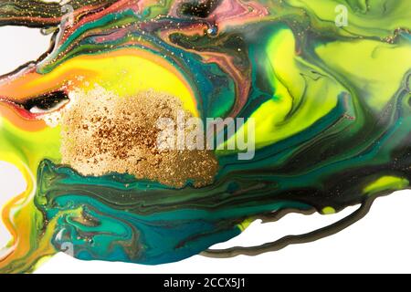 Bright mix paint spilled on white background with golden glitter Stock ...