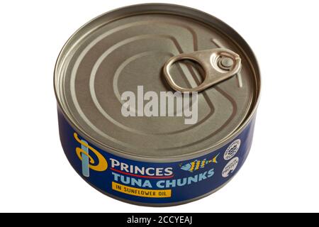 Tin of Princes Tuna Chunks in Sunflower Oil opened to show contents ...