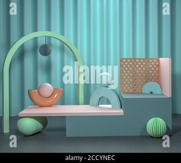 A 3D render of a decorative geometric podium in an arched display room ...