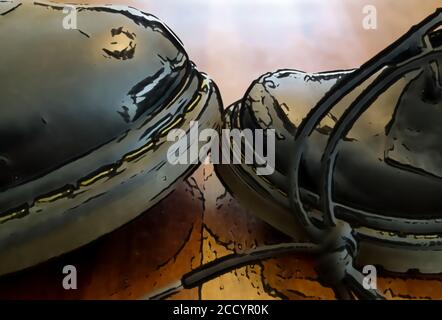 Comic Paint of a big and small black leather shoe on a wooden floor ...