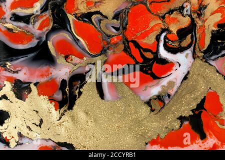 Red, black, white and gold paint liquid background. Abstract marble ...